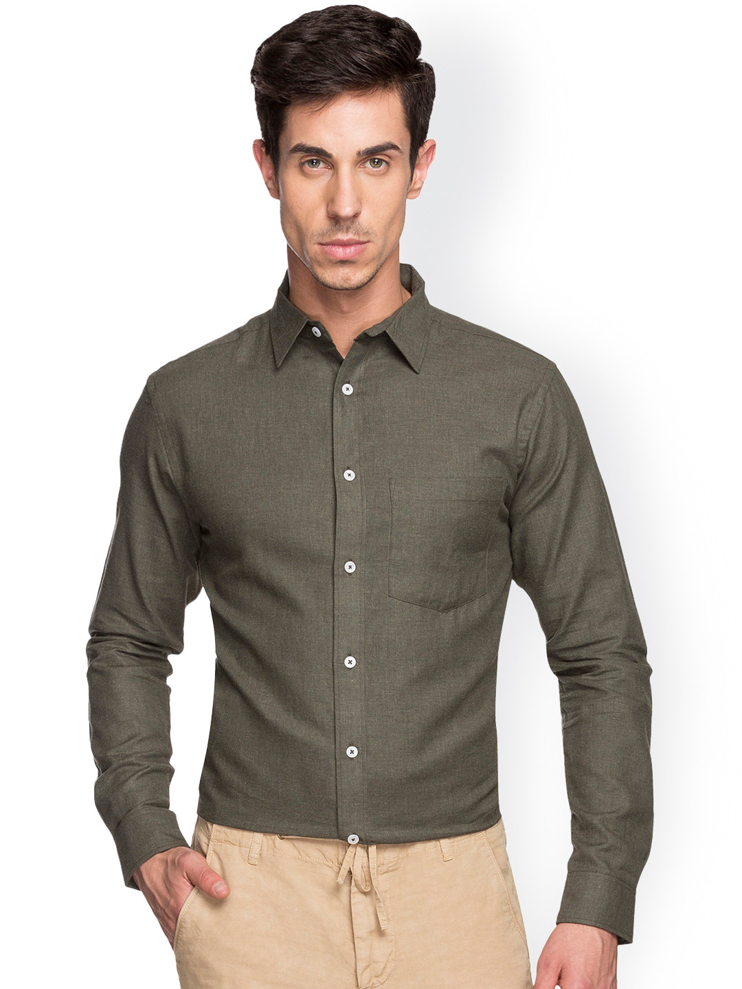 Buy Cottonworld Men Olive Green Classic Regular Fit Solid Formal Shirt ...