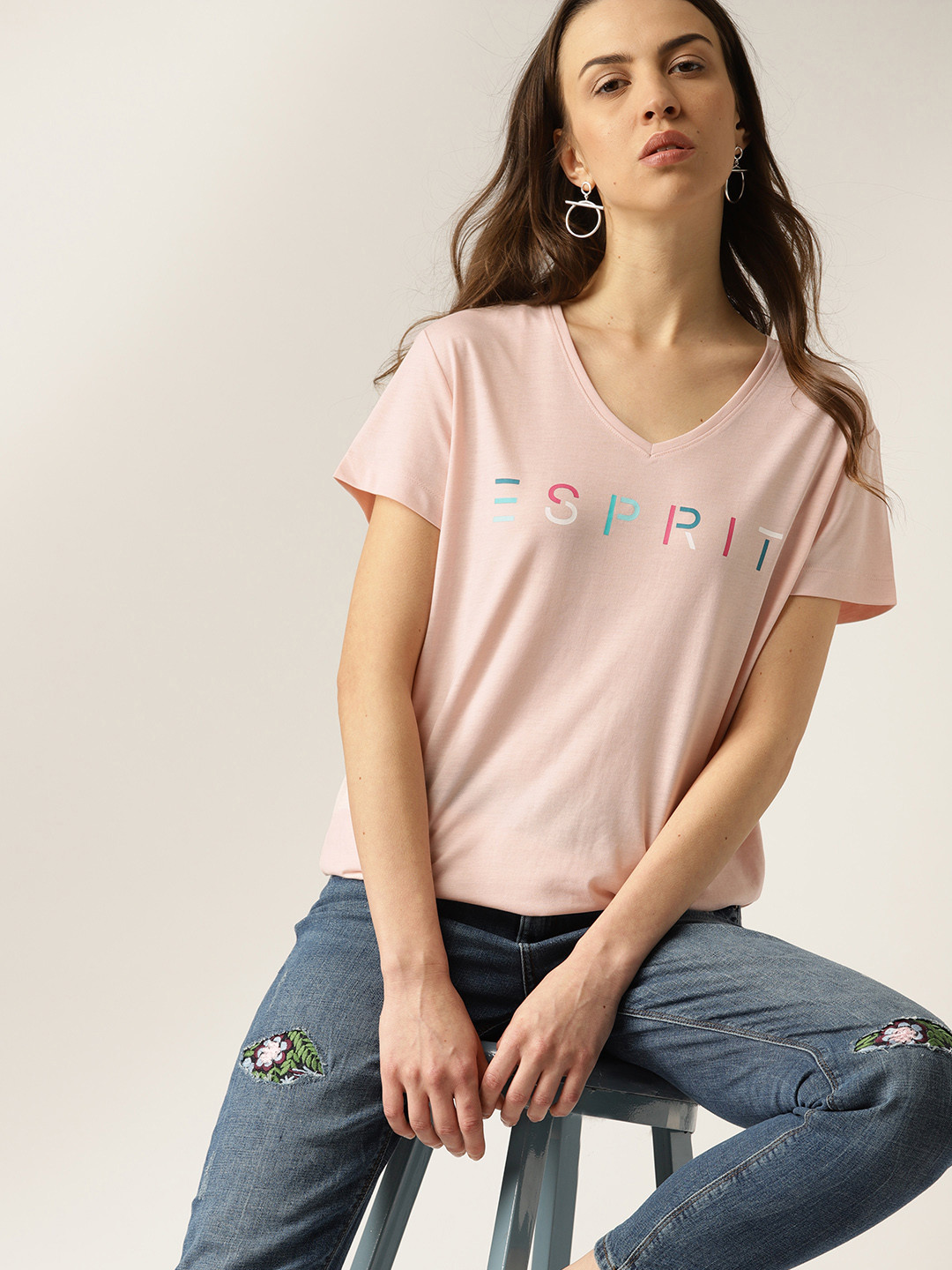 Buy ESPRIT Women Pink Solid V Neck T Shirt - Tshirts for Women 4372440 ...