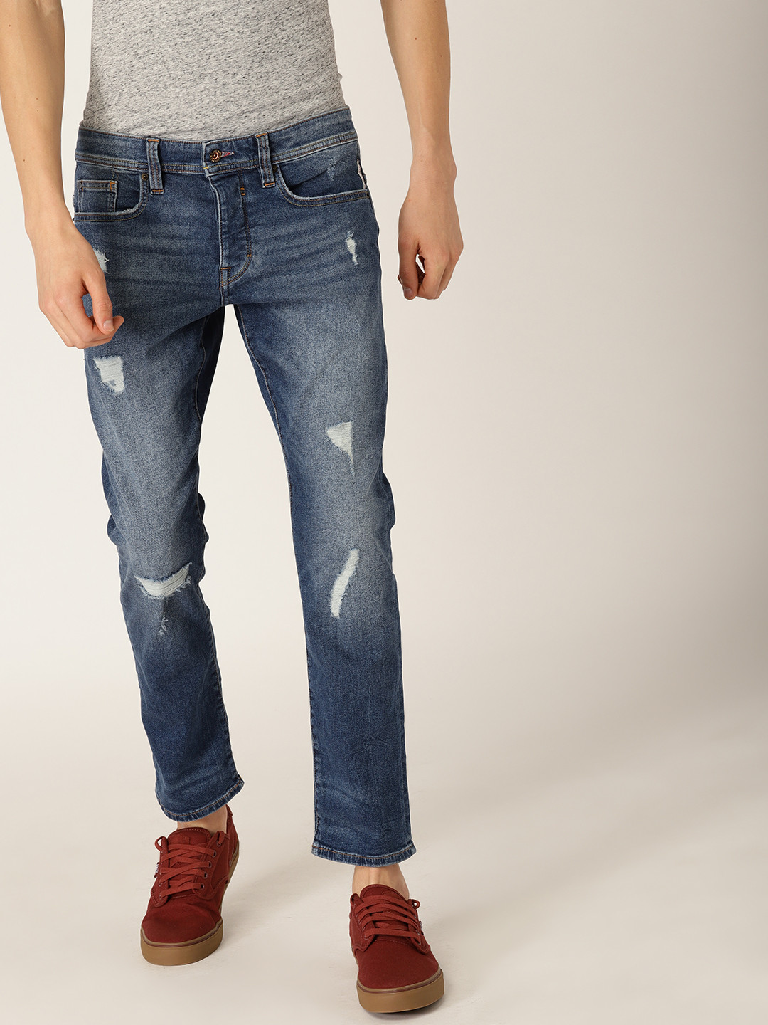 Buy ESPRIT Men Blue Tapered Fit Mid Rise Mildly Distressed Stretchable ...