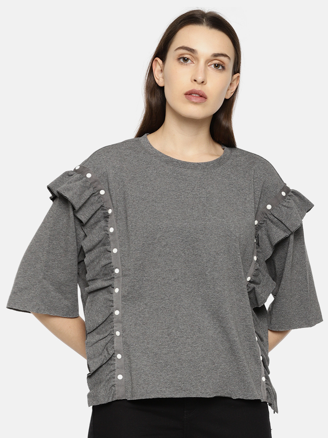 Buy Vero Moda Women Grey Solid Embellished Top - Tops for Women 4376512 ...