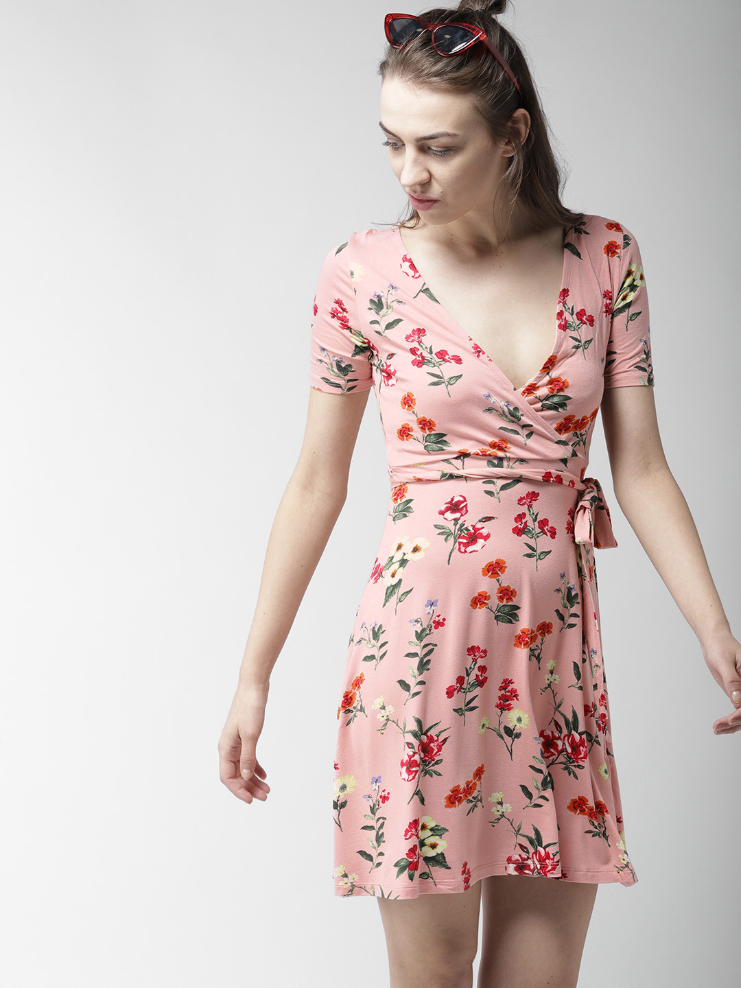 Buy FOREVER 21 Women Pink Floral Print Wrap Dress - Dresses for Women ...