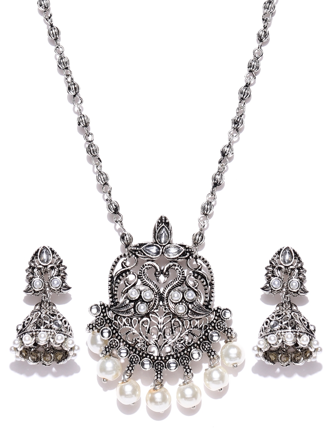Buy Zaveri Pearls Oxidised Silver Toned Stone Stuudded Jewellery Set