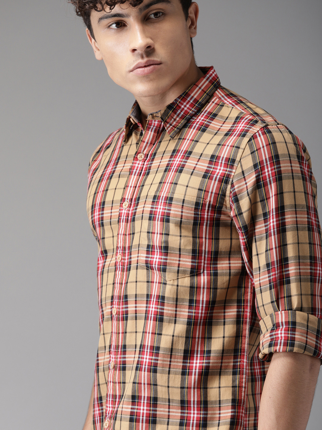 Buy HERE&NOW Men Mustard Yellow & Red Regular Fit Checked Casual Shirt ...