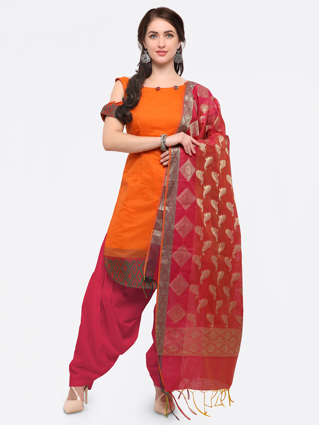 Buy Inddus Orange & Pink Unstitched Dress Material - Dress Material for ...