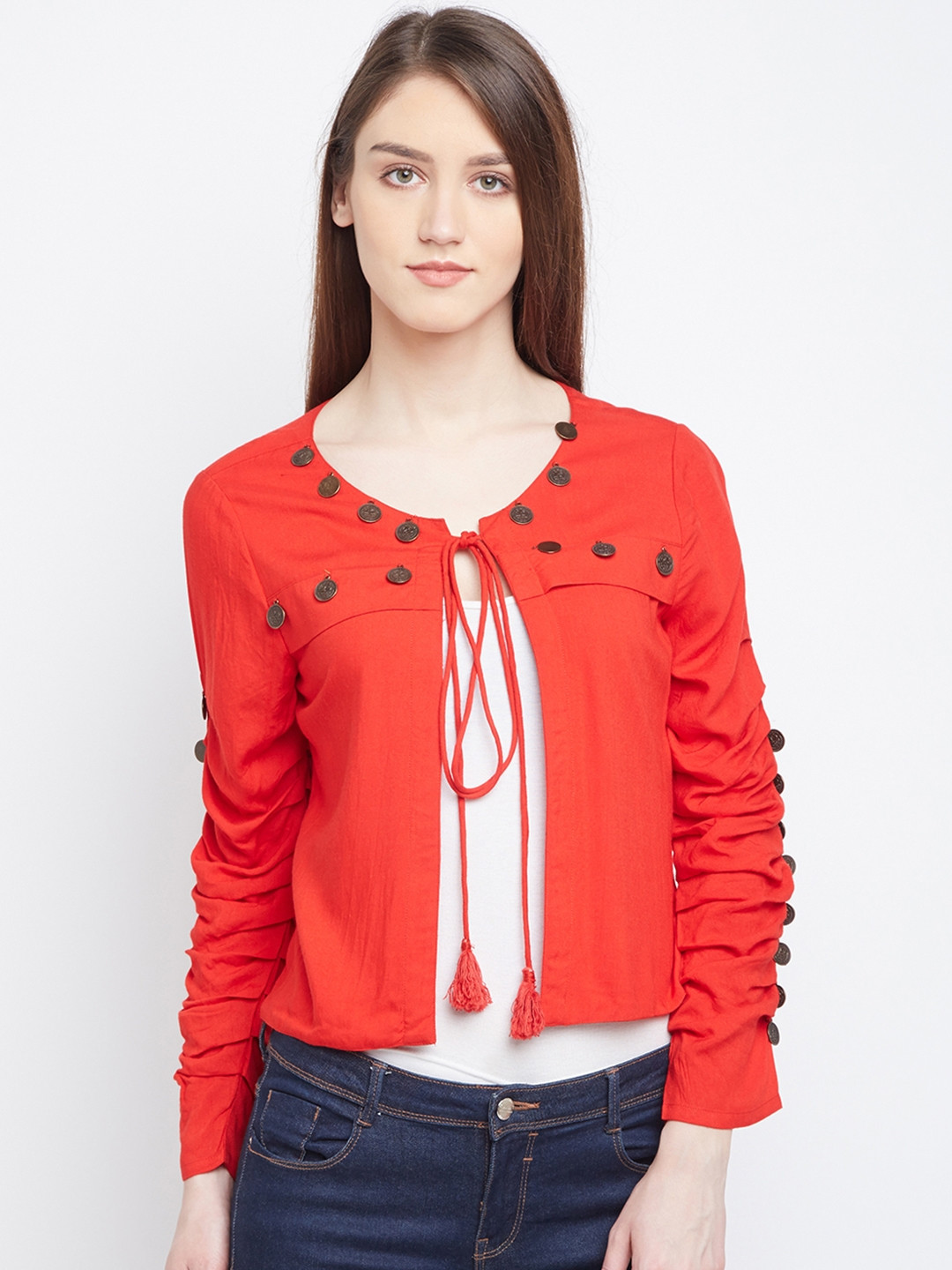 Buy PANIT Women Red Solid Open Front Jacket - Jackets for Women 4450414 ...