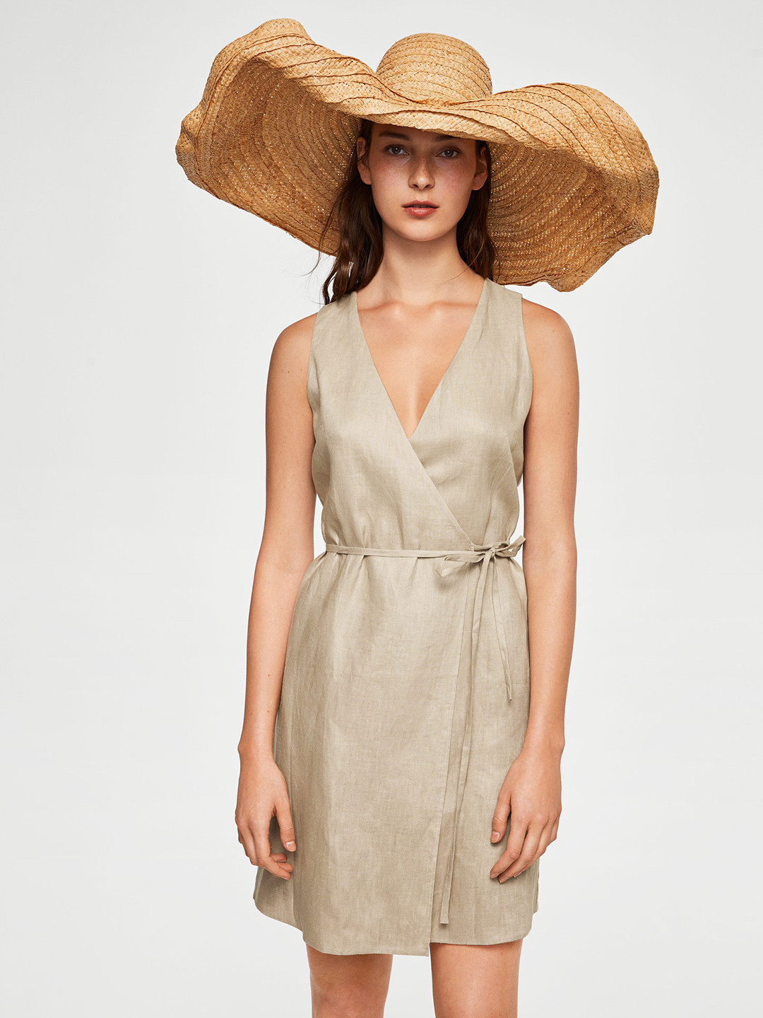 Buy MANGO Women Beige Solid Linen Wrap Dress - Dresses for Women ...