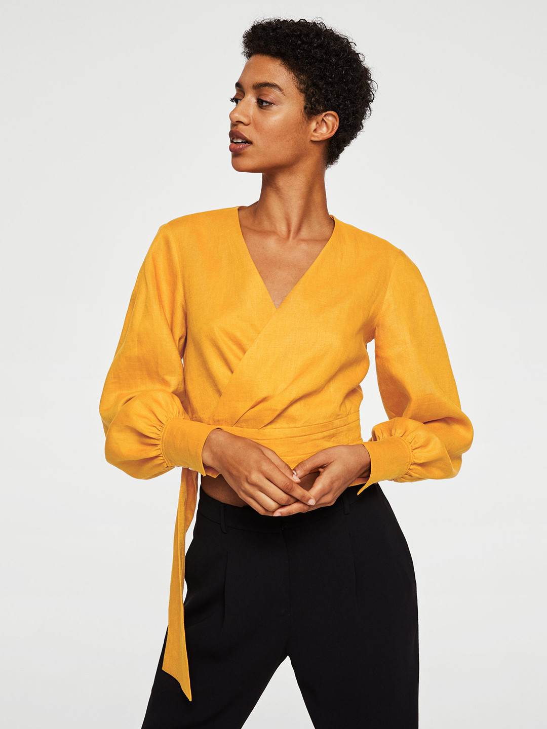 Buy MANGO Women Mustard Yellow Solid Linen Wrap Top - Tops for Women ...