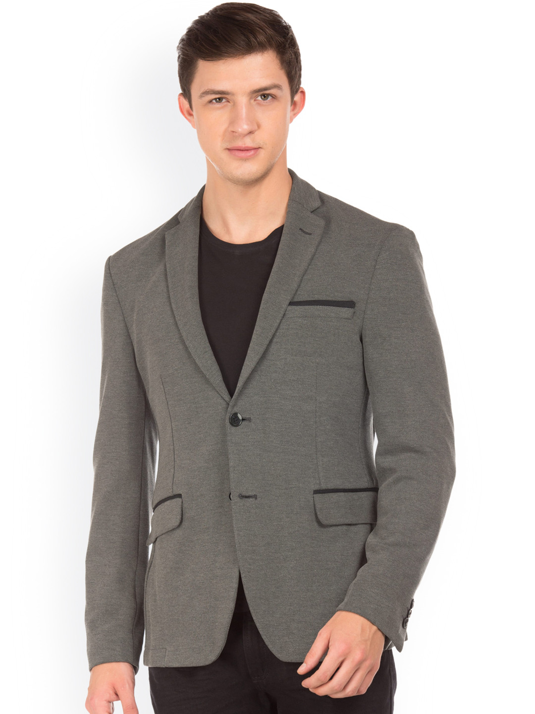 Buy Flying Machine Grey Solid Single Breasted Blazer - Blazers for Men ...