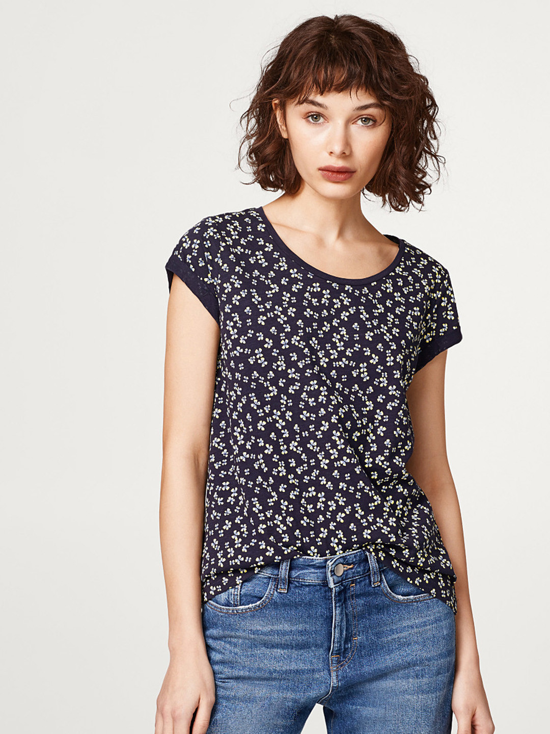 Buy ESPRIT Women Navy Blue Printed Round Neck T Shirt - Tshirts for ...