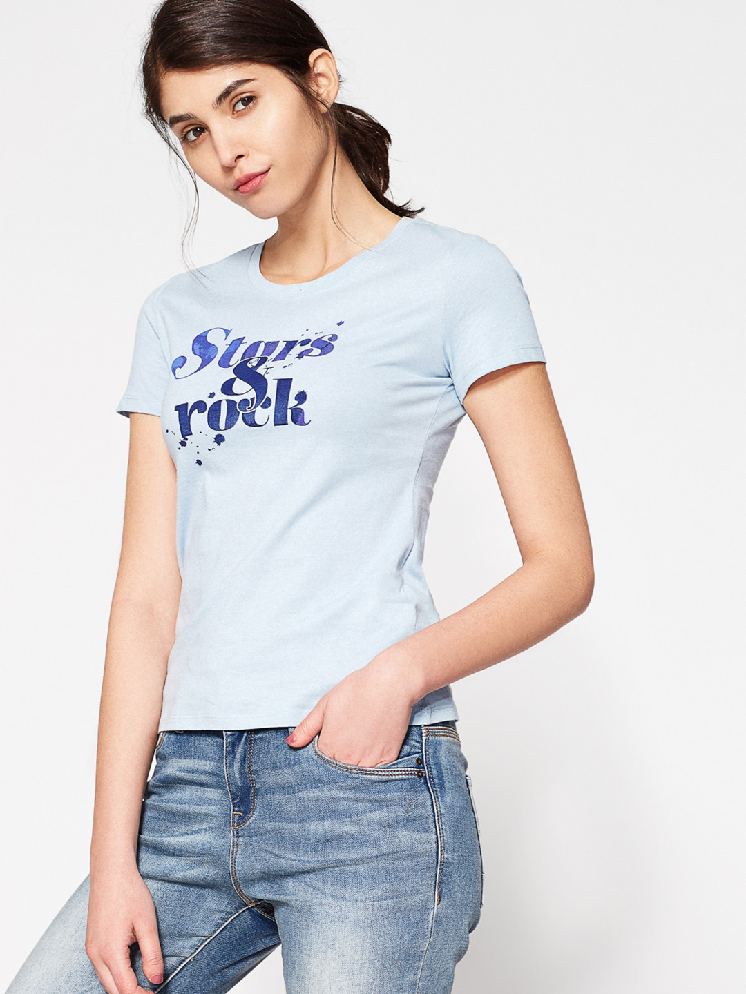 Buy ESPRIT Women Blue Printed Round Neck Pure Cotton T Shirt - Tshirts ...