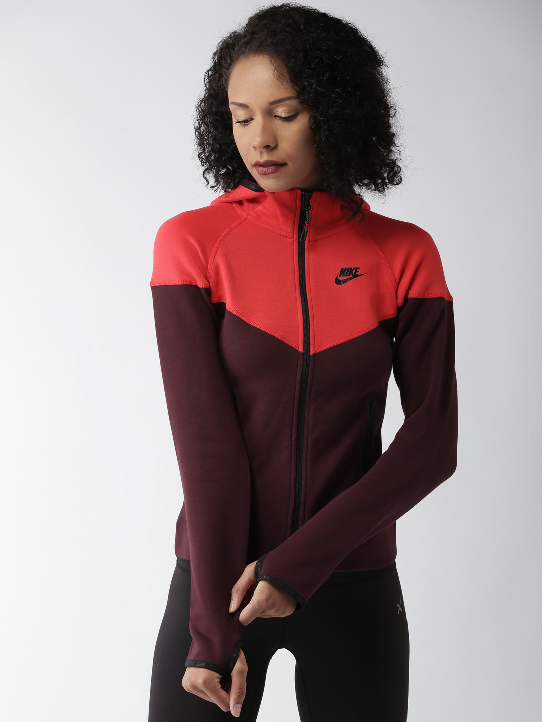 Buy Nike Women Burgundy & Coral Red Colourblocked Open Front TECH ...