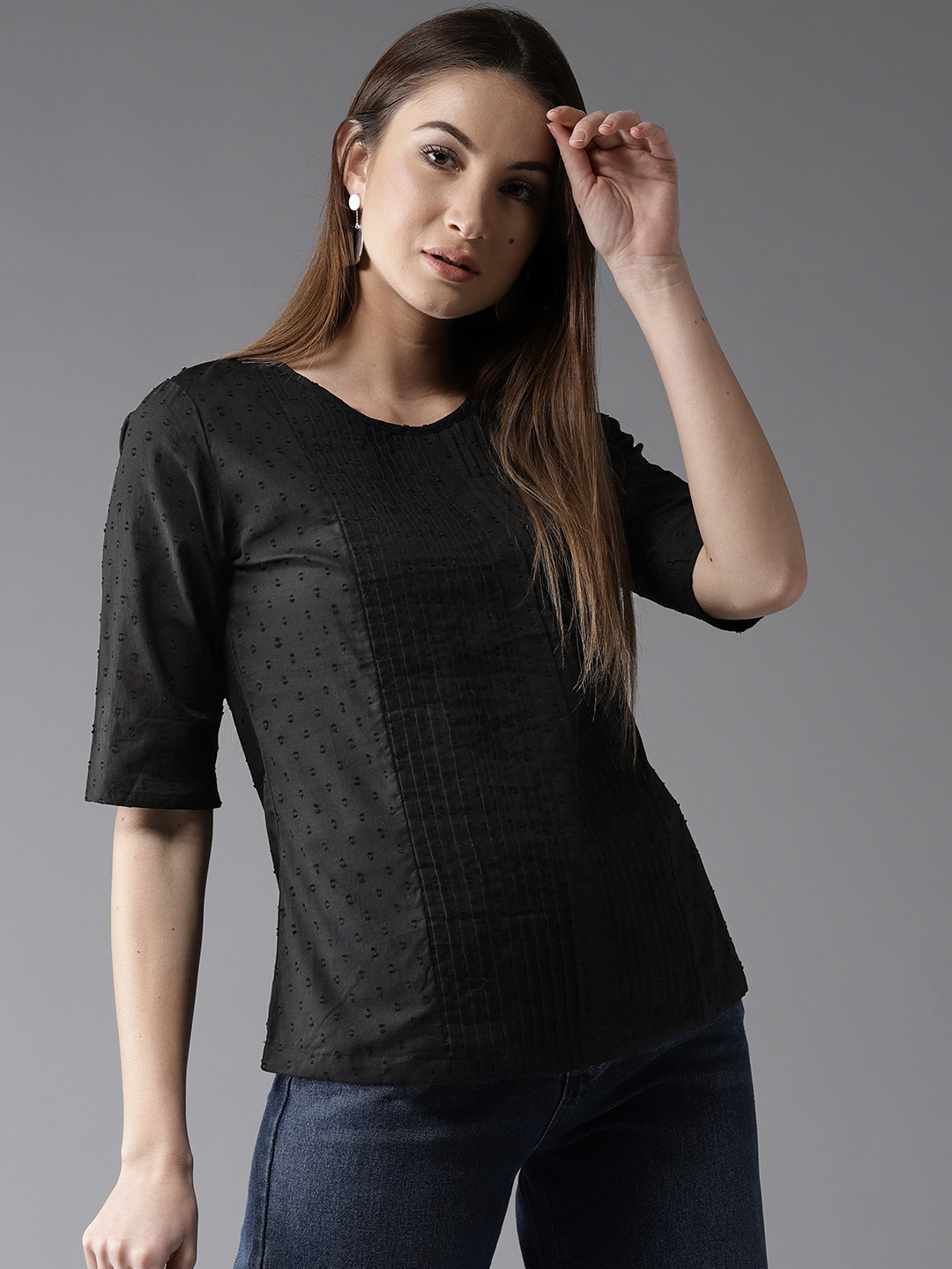 Buy HERE&NOW Women Black Self Design Pure Cotton Top - Tops for Women ...