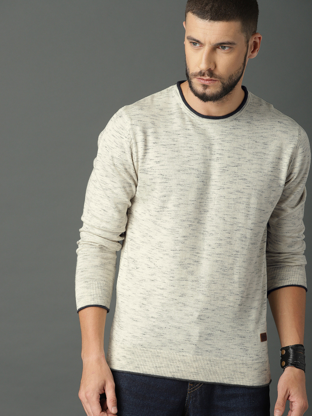 Buy Roadster Men Off White Solid Pullover Sweater - Sweaters for Men ...