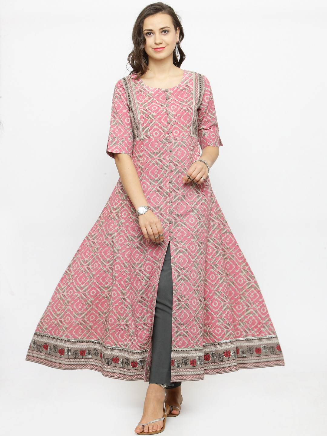 Buy Varanga Women Pink & Grey Printed Kurta With Trousers - Kurta Sets ...