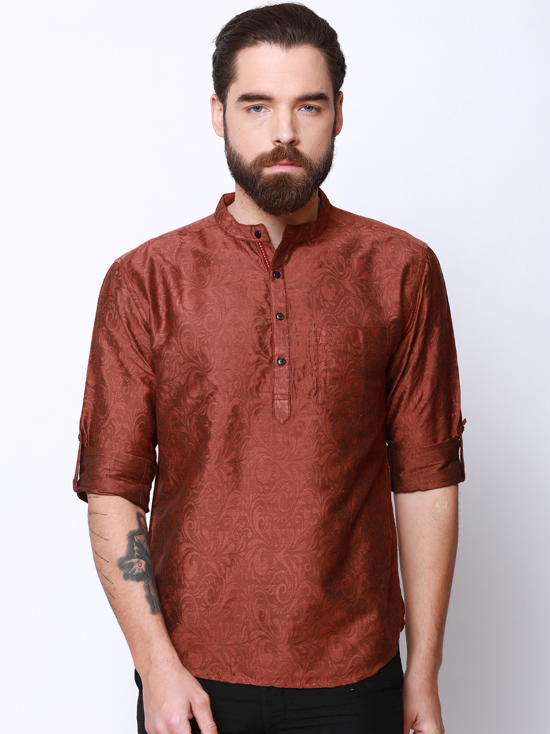 Buy Svanik Men Rust Woven Design Straight Kurta - Kurtas for Men ...