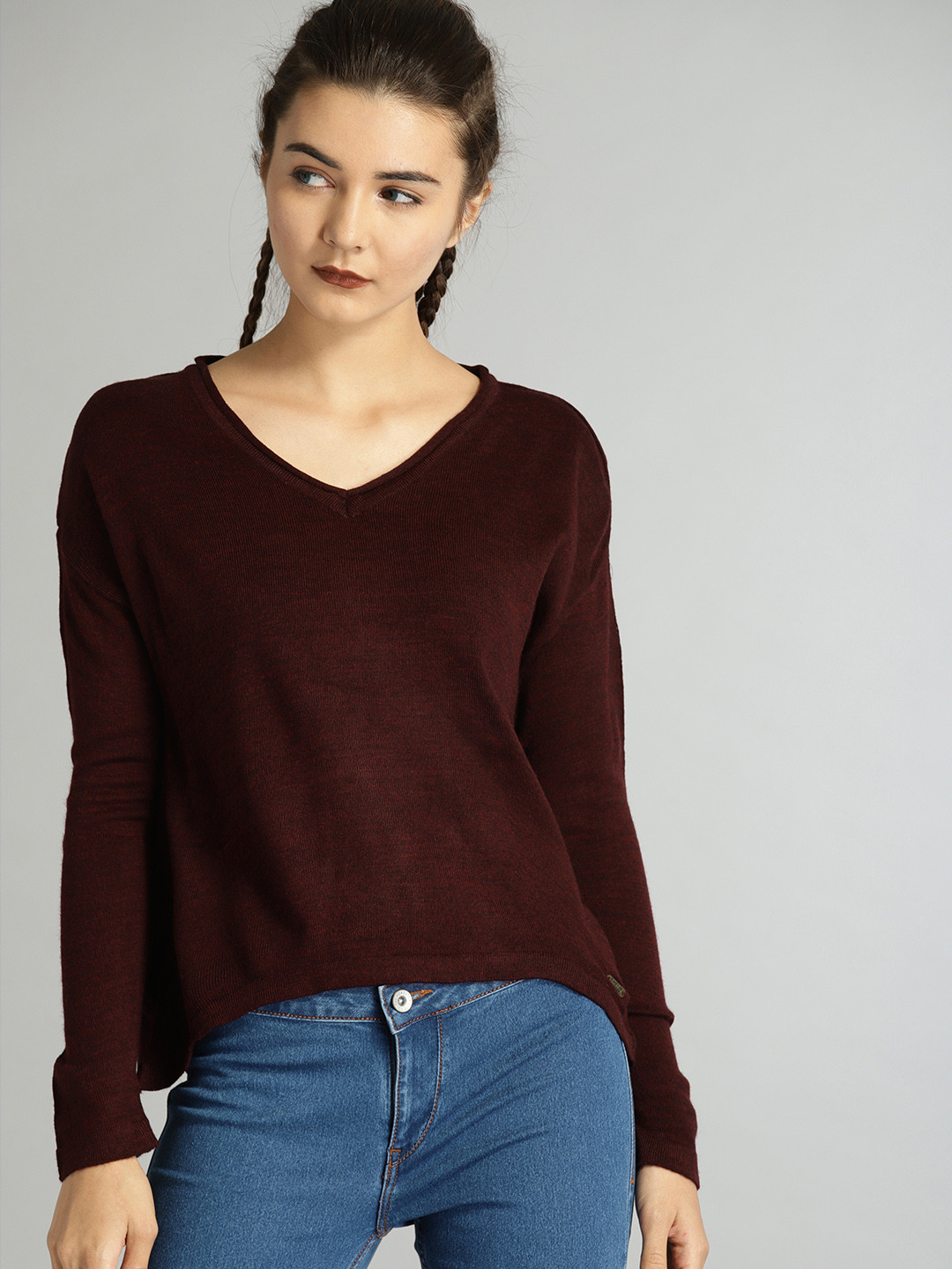 Buy Roadster Women Maroon Solid Pullover - Sweaters for Women 5356201 ...