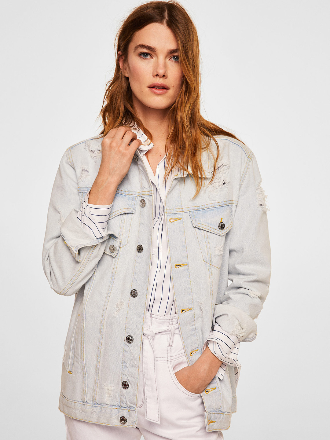 Buy MANGO Women Blue Solid Distressed Denim Jacket - Jackets for Women ...