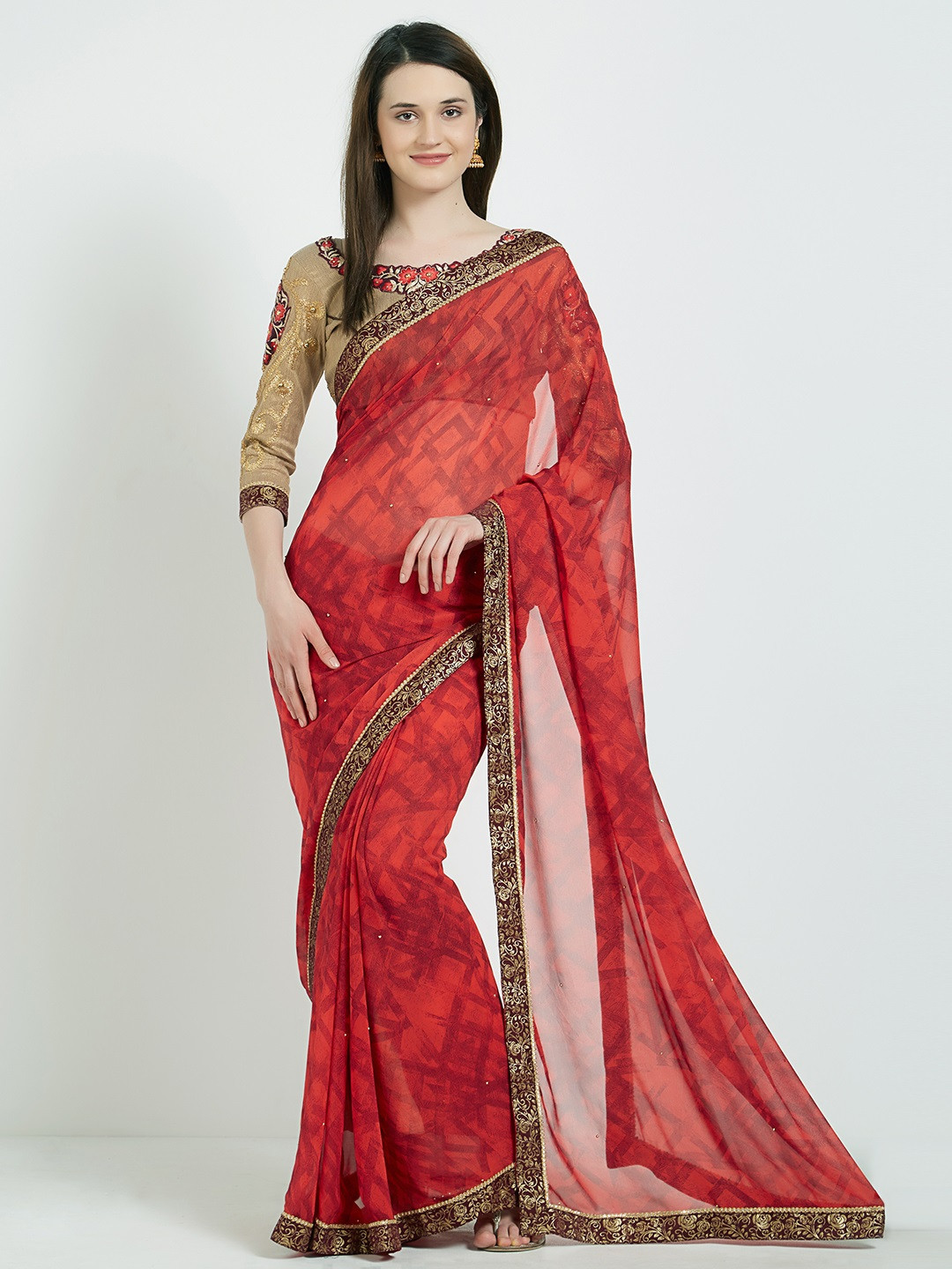Buy Indian Women Red Pure Georgette Embellished Saree - Sarees for ...