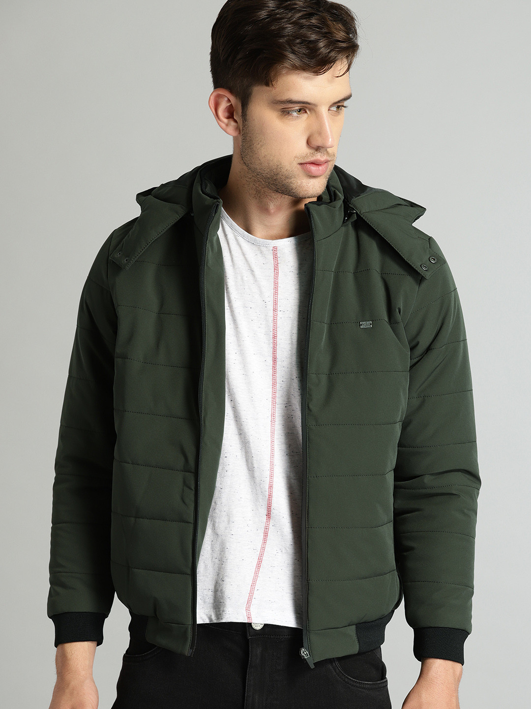 Buy Roadster Men Olive Green Solid Puffer Jacket - Jackets for Men 5388209 | Myntra