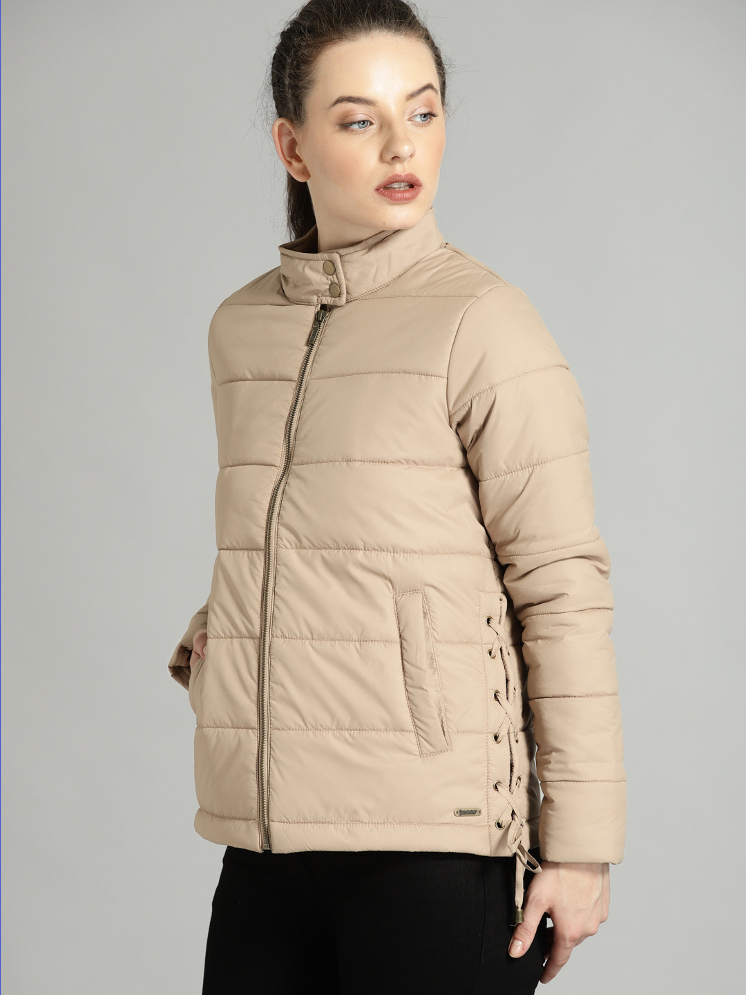 Buy Roadster Women Beige Solid Padded Jacket - Jackets for Women ...