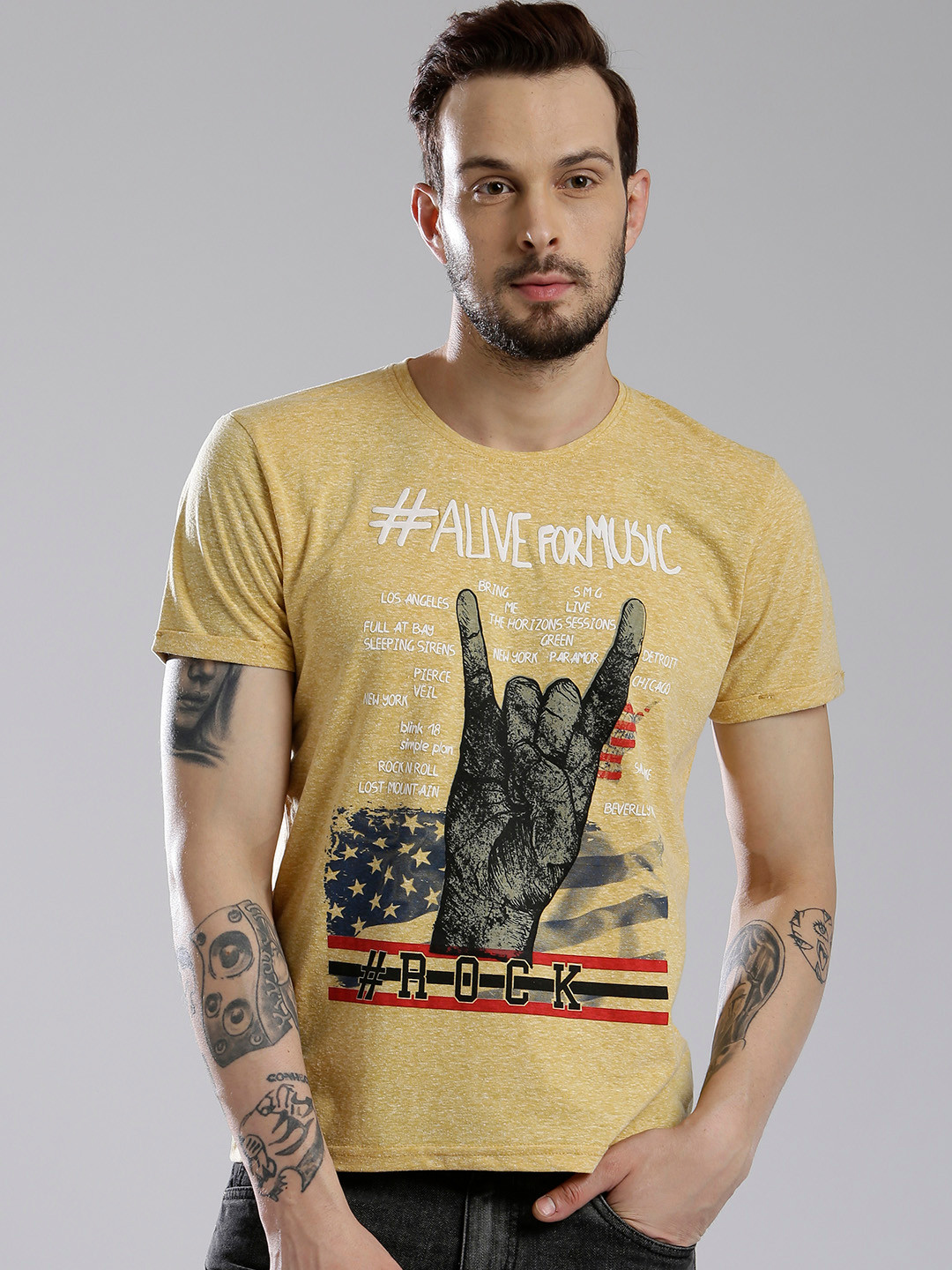 Buy SMAG Men Mustard Yellow Printed Round Neck T Shirt - Tshirts for ...