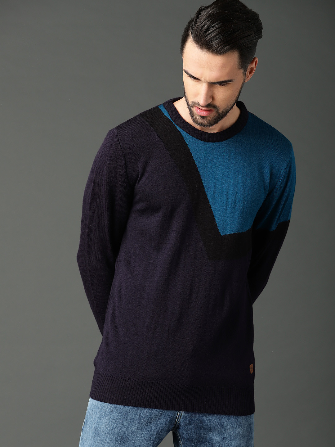 Buy Roadster Men Navy Blue Colourblocked Pullover Sweater - Sweaters ...