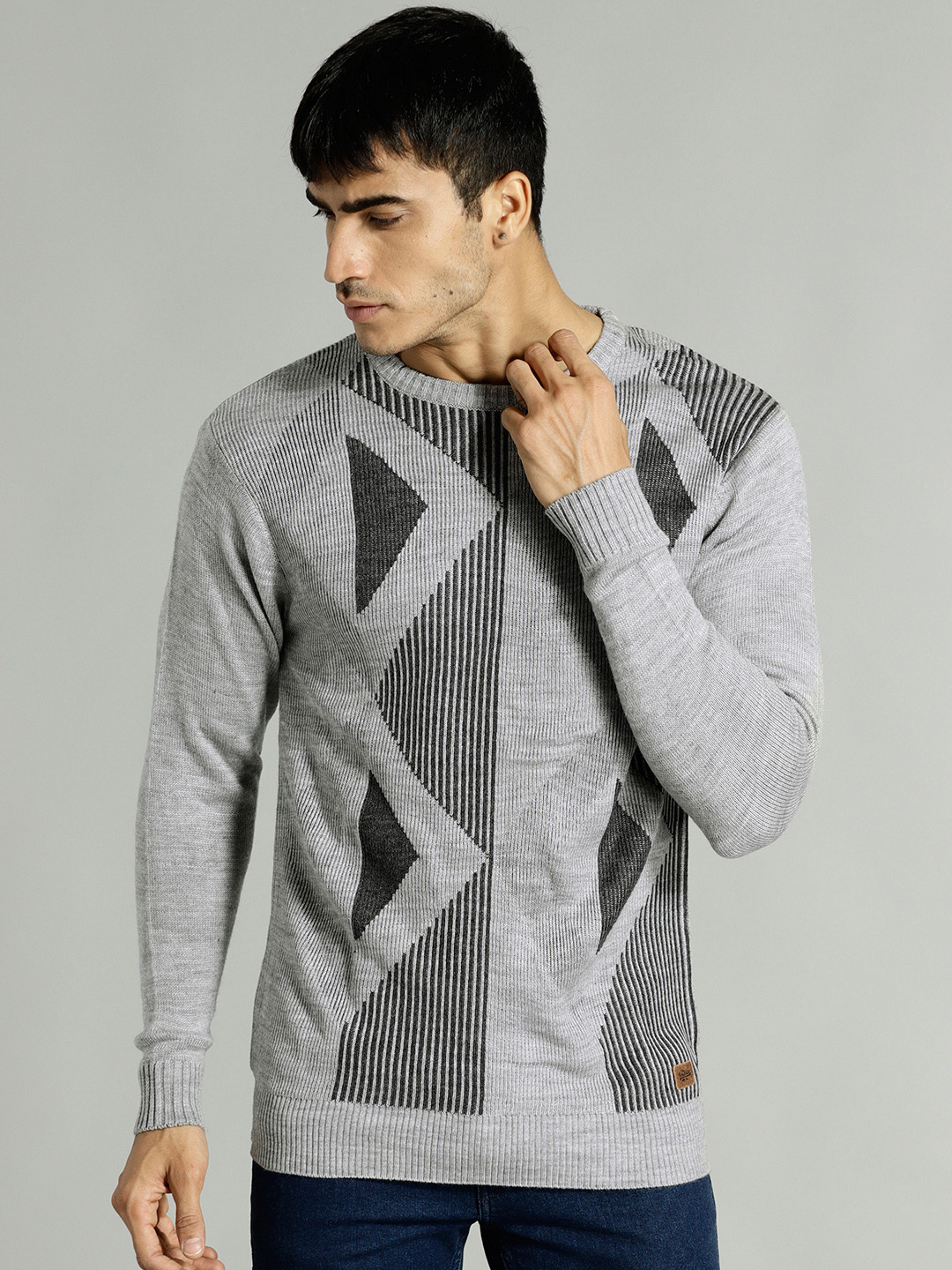 Buy Roadster Men Grey Self Design Pullover - Sweaters for Men 5415562 ...