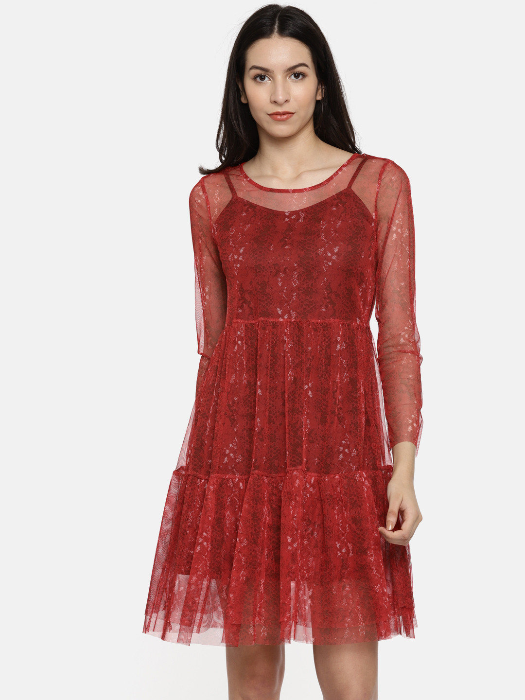 Buy Vero Moda Women Red Printed A Line Sheer Dress - Dresses for Women ...