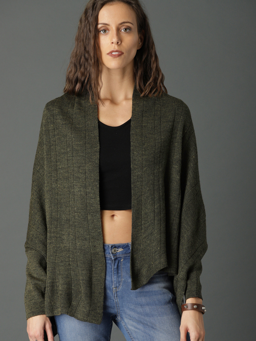 Buy Roadster Olive Green Solid Open Front Shrug - Shrug for Women ...