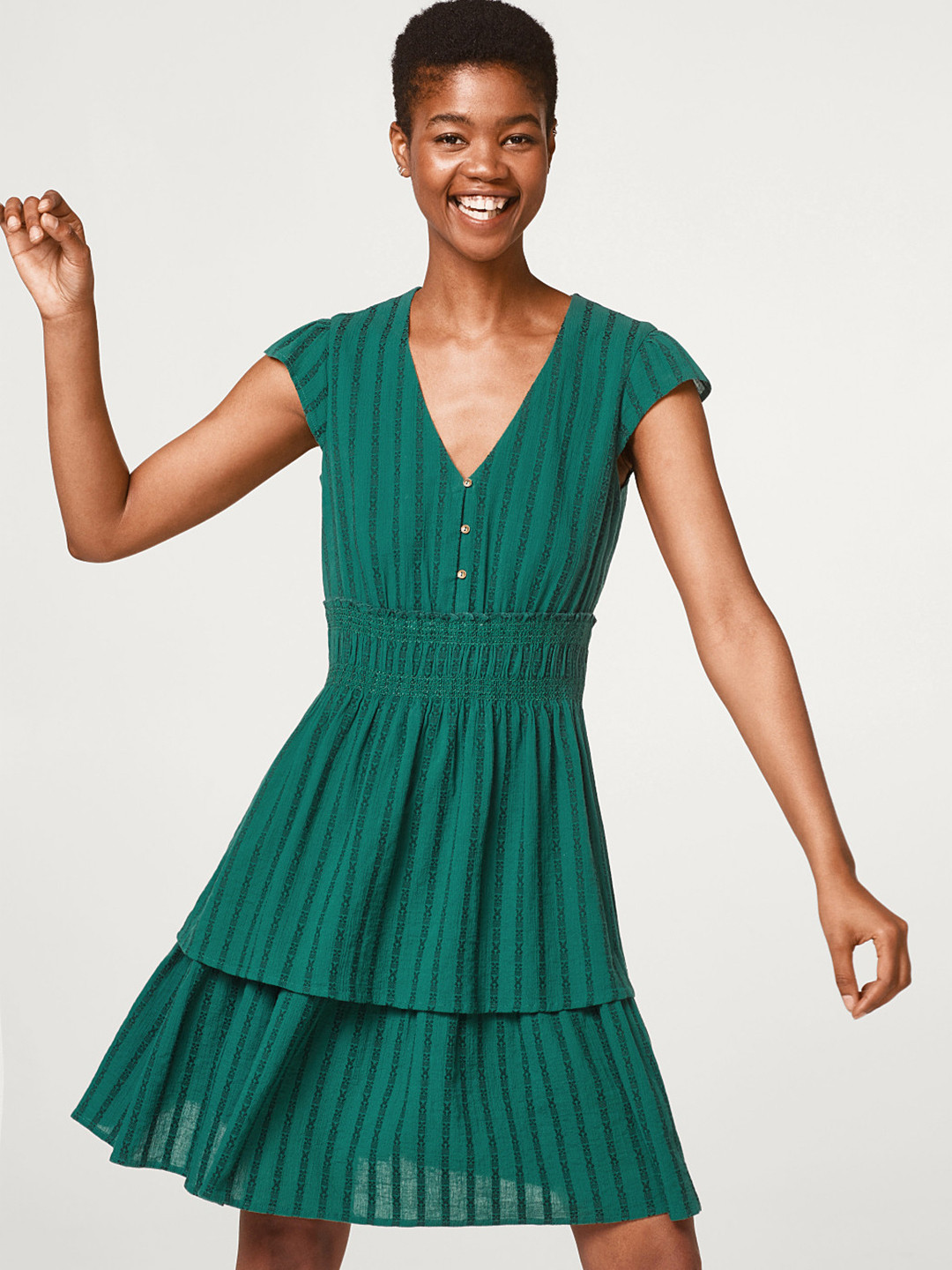 Buy ESPRIT Women Green Self Striped Fit & Flare Dress - Dresses for ...