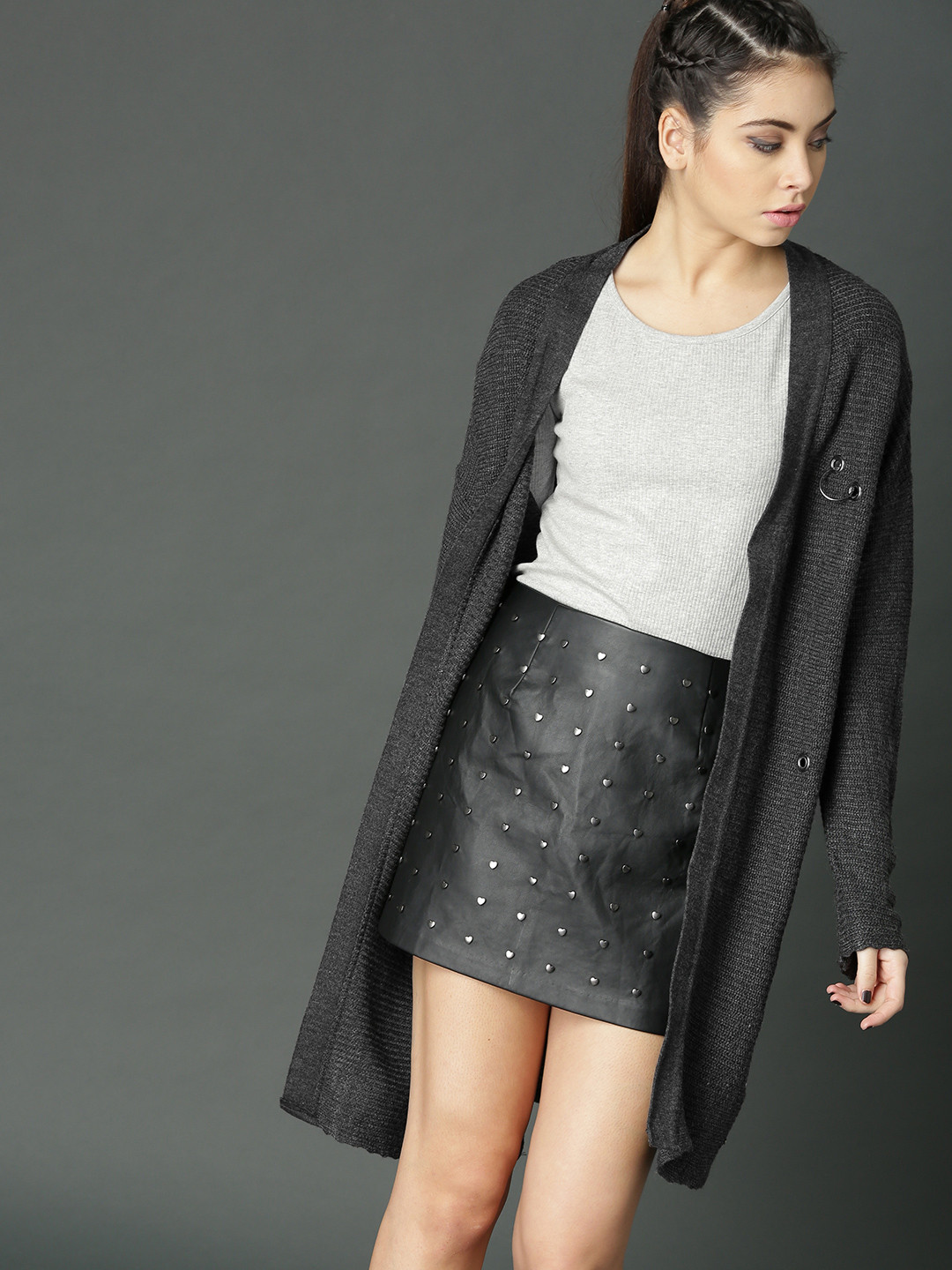 Buy Roadster Women Charcoal Grey Solid Front Open Longline Sweater ...