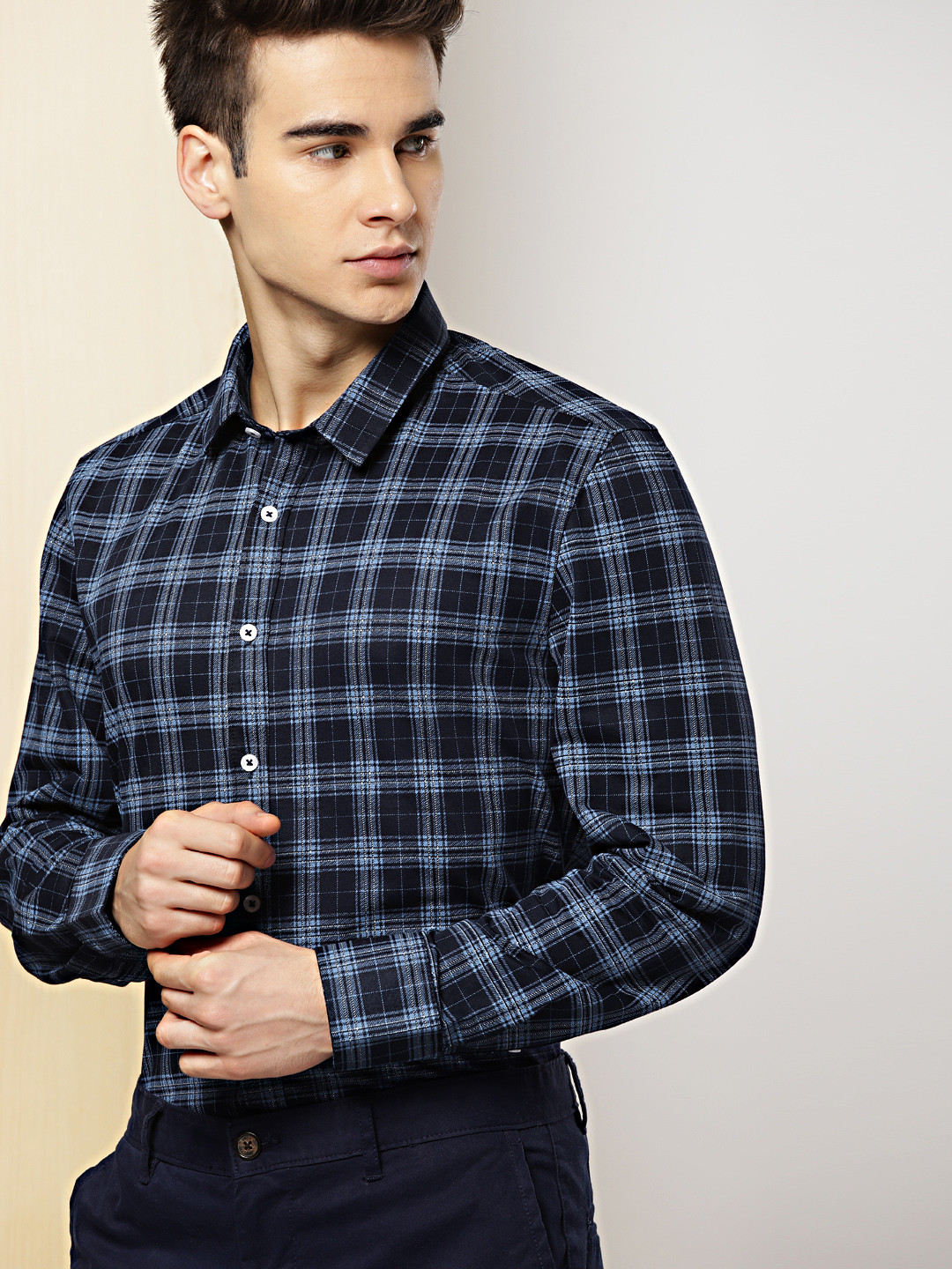 Buy INVICTUS Men Navy Blue Slim Fit Checked Knitted Stretchable Shirt ...