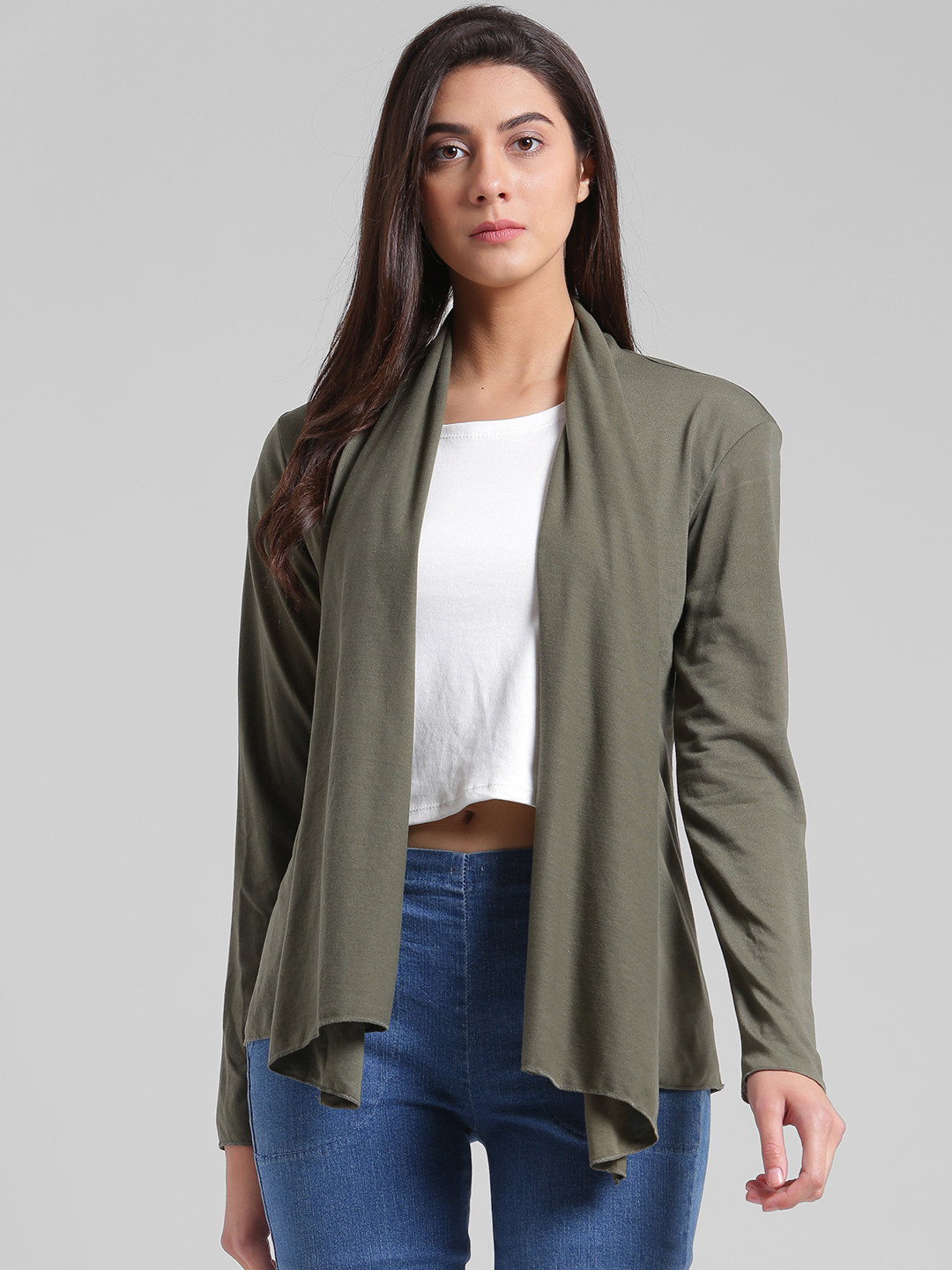 Buy Trend Arrest Olive Green Solid Open Front Shrug - Shrug for Women ...