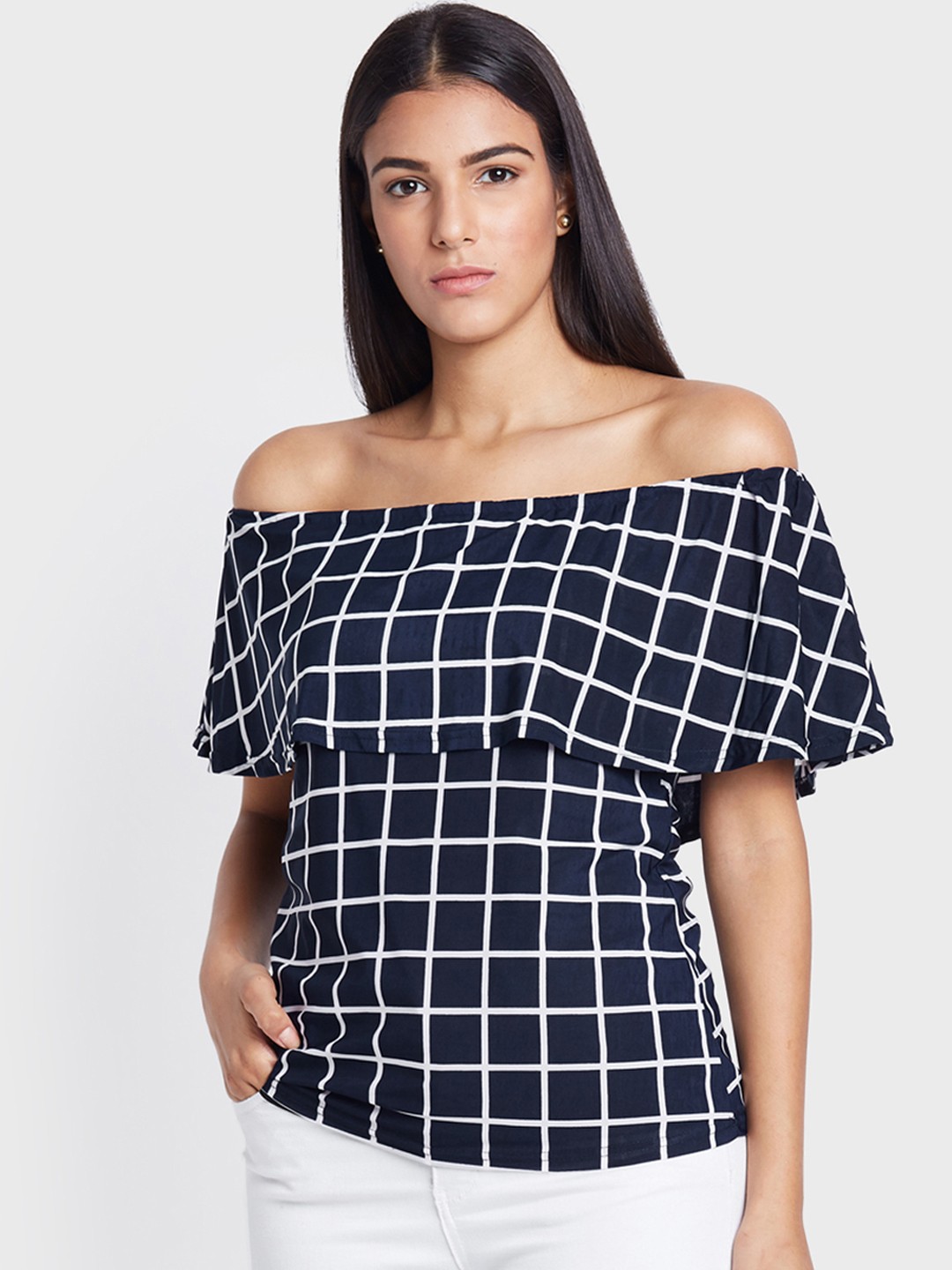 Buy And Women Navy Blue And White Checked Bardot Top Tops For Women
