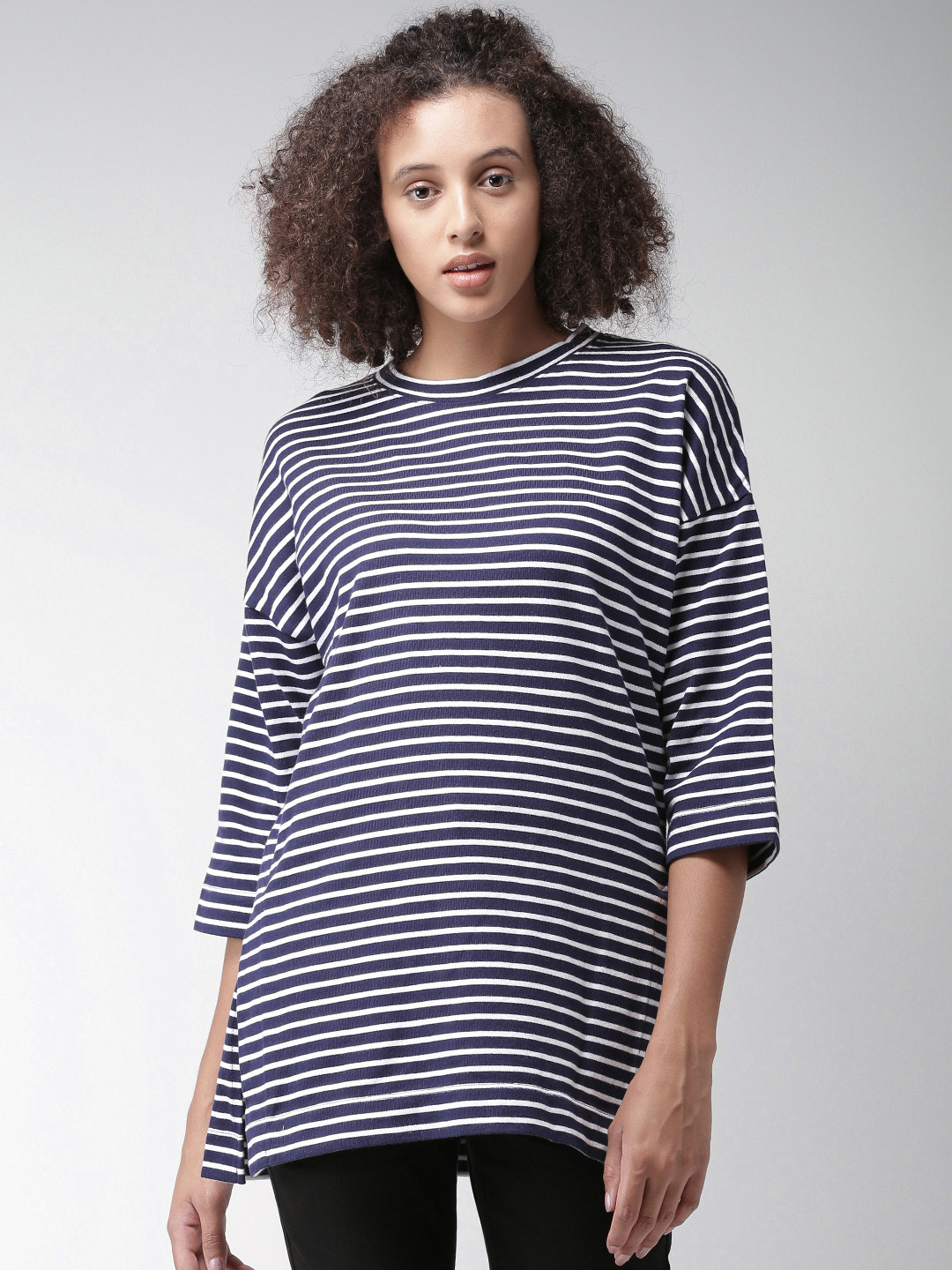 Buy FOREVER 21 Women Navy Blue Striped Longline Pure Cotton Top - Tops ...