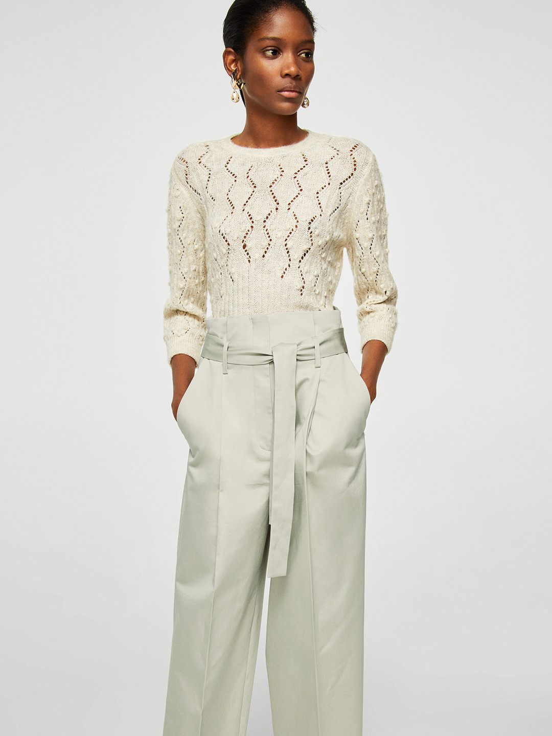 Buy MANGO Women Beige Regular Fit Solid Trousers - Trousers for Women ...