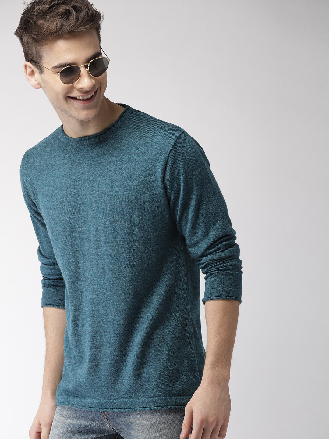 Buy Mast & Harbour Men Teal Blue Solid Pullover - Sweaters for Men ...