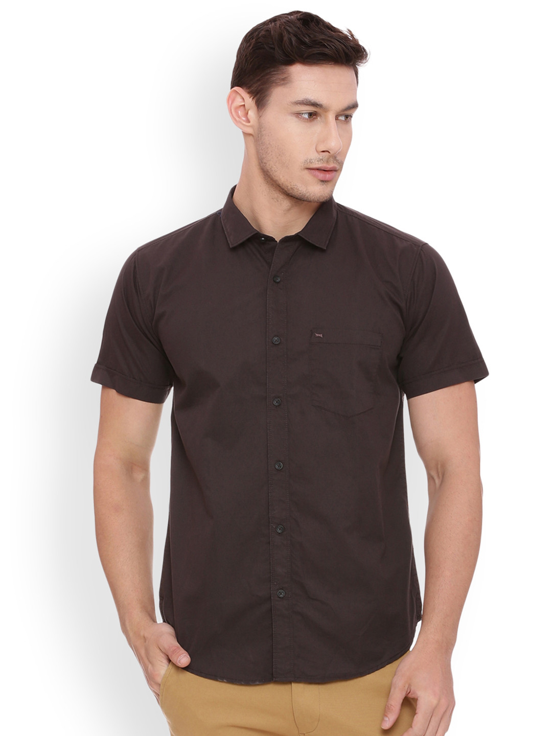 Buy Basics Men Brown Slim Fit Solid Casual Shirt - Shirts for Men ...