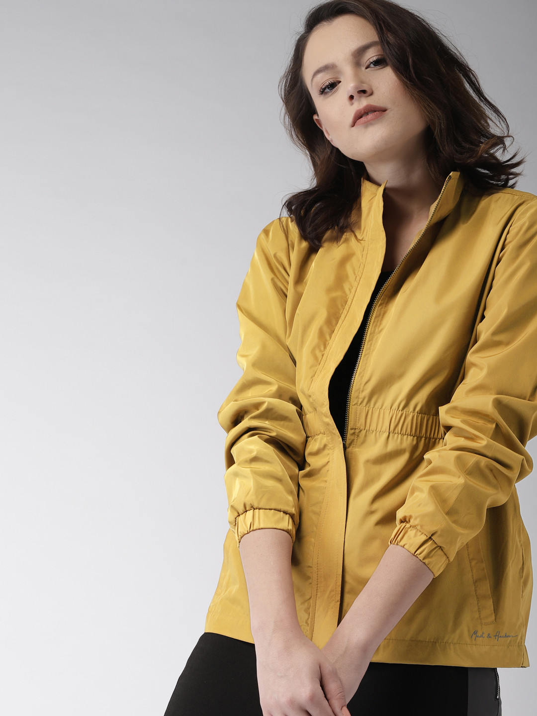 Buy Mast & Harbour Women Mustard Yellow Solid Biker Jacket - Jackets ...