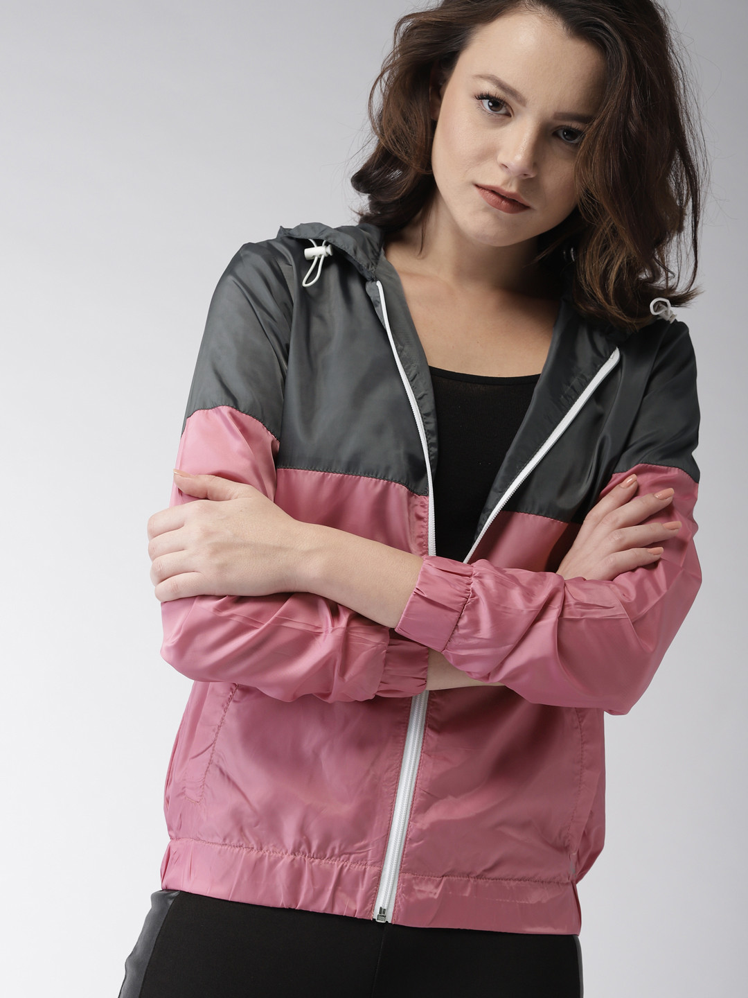 Buy Mast & Harbour Women Grey & Pink Colourblocked Sporty Jacket ...