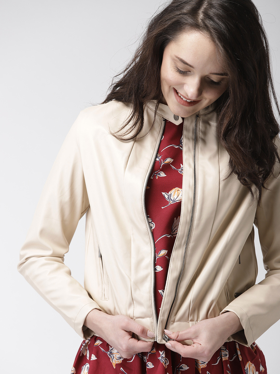 Buy Mast & Harbour Women Cream Coloured Solid Bomber - Jackets for ...