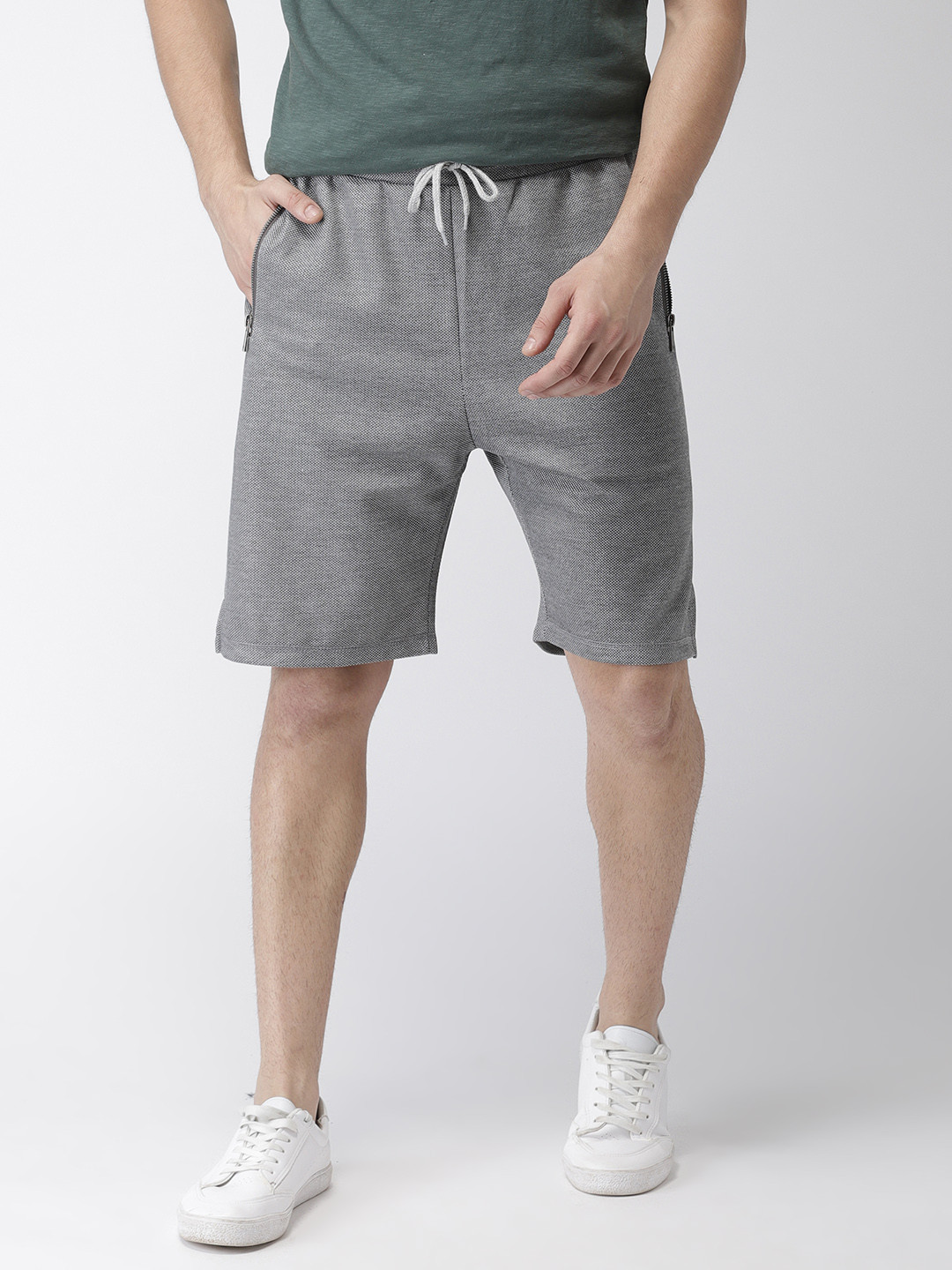 Buy Mast & Harbour Men Grey Self Design Slim Fit Regular Shorts ...
