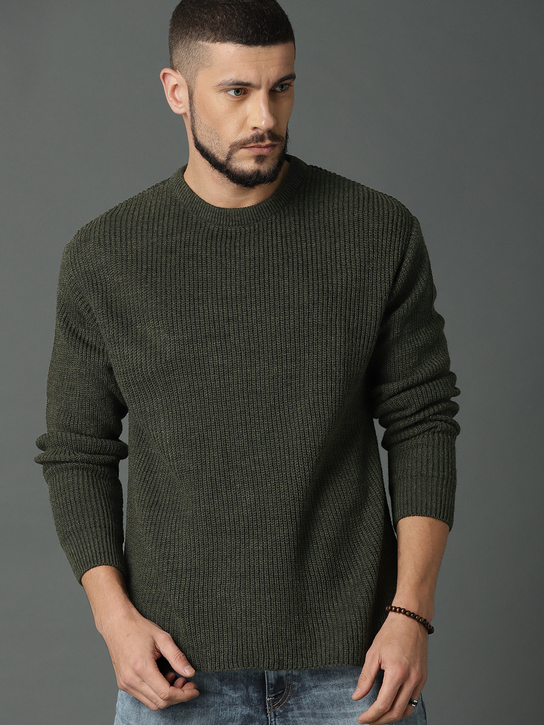 Buy Roadster Men Olive Green Self Striped Pullover - Sweaters for Men ...