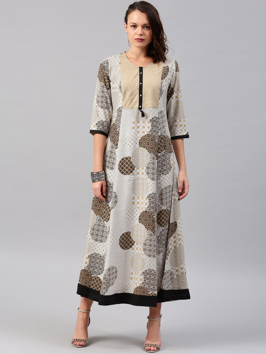 Buy Shree Women Off White & Beige Printed A Line Midi Dress - Ethnic ...