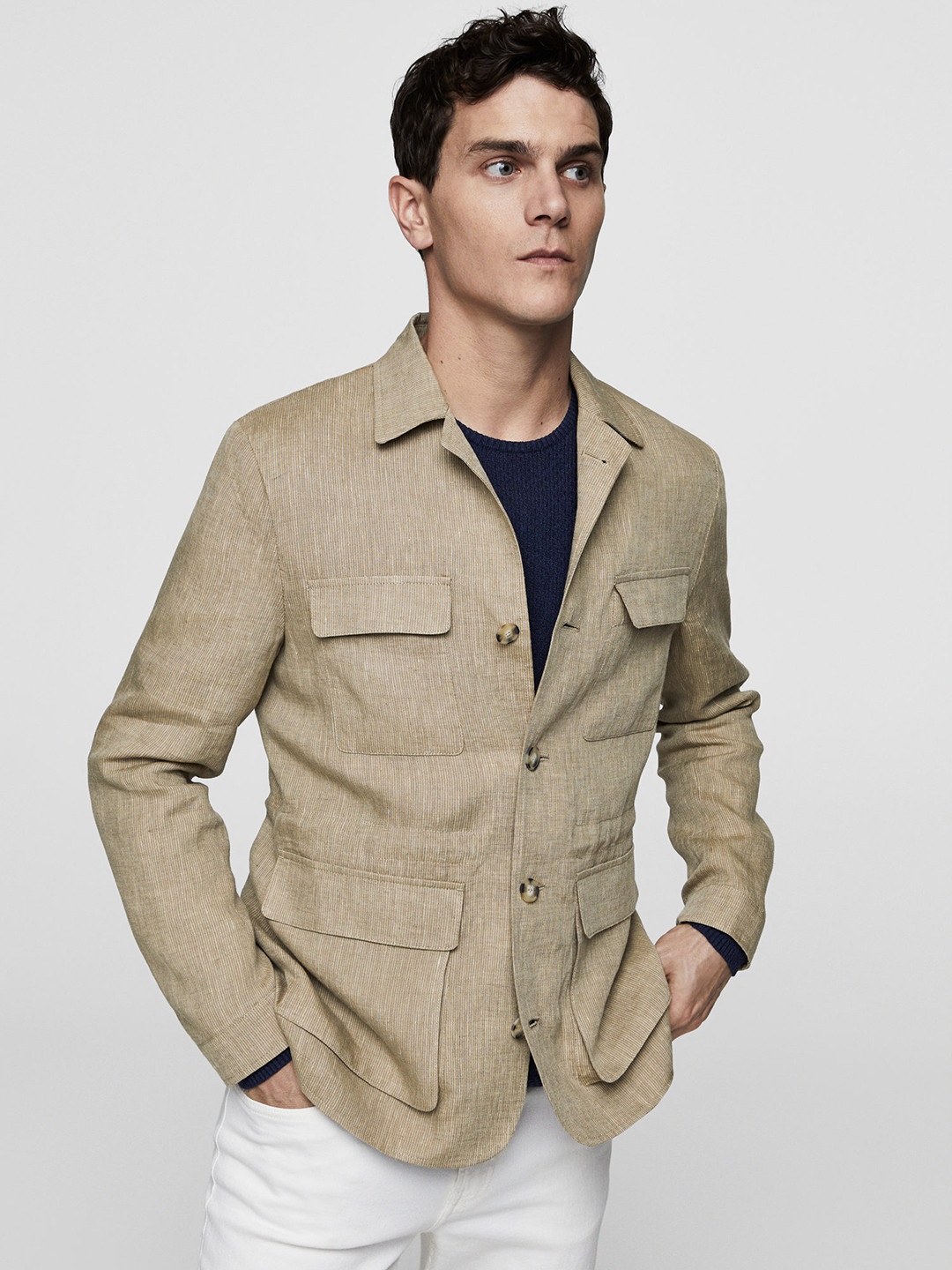 Buy MANGO MAN Men Beige Striped Linen Tailored Jacket - Jackets for Men ...