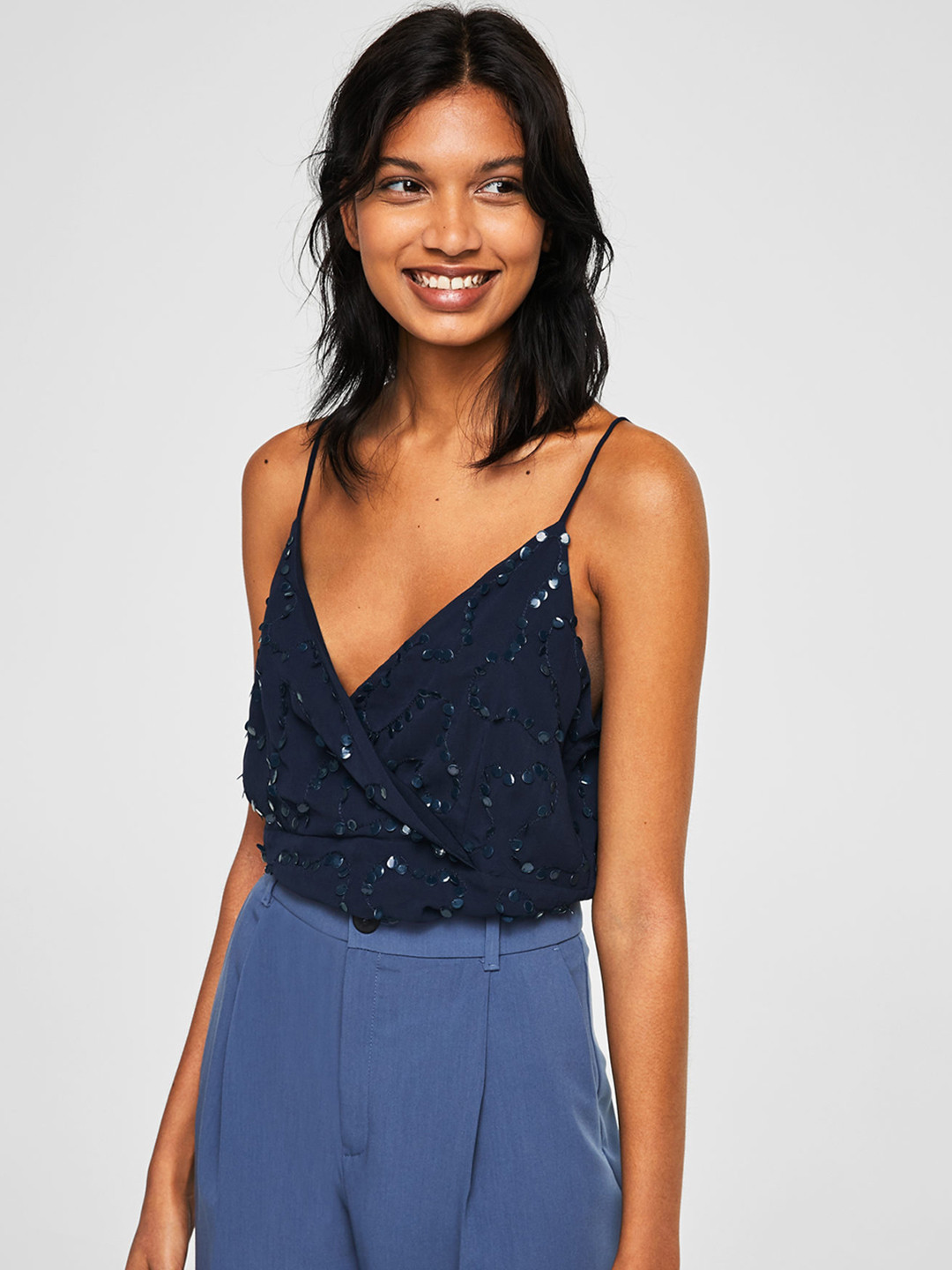 Buy MANGO Women Navy Blue Sequinned Wrap Top - Tops for Women 5648751 ...