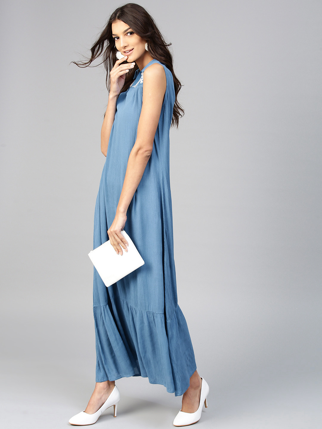 Buy SASSAFRAS Women Blue Solid Ethnic Maxi Dress - Dresses for Women ...