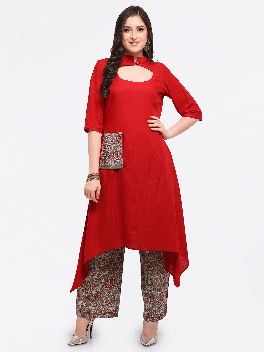 Buy Inddus Women Red Solid Asymmetric A Line Kurta - Kurtas for Women ...