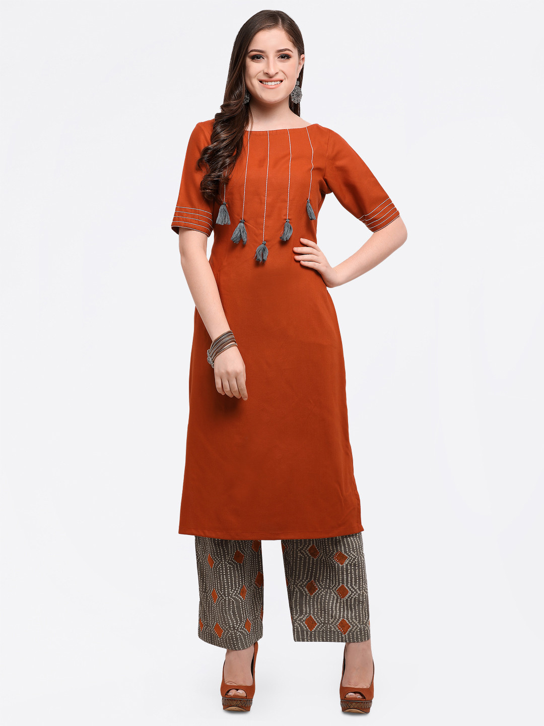 Buy Inddus Women Rust Red Solid Straight Kurta - Kurtas for Women 5704073 | Myntra