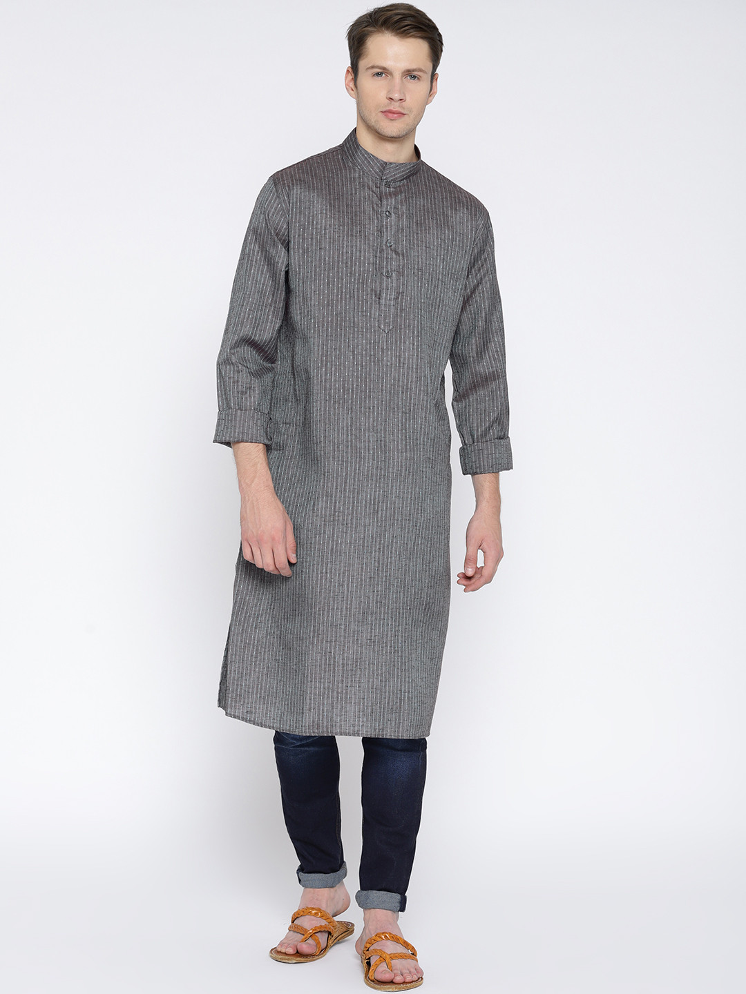 Buy Gatha Men Grey Dual Toned Striped Straight Kurta - Kurtas for Men ...